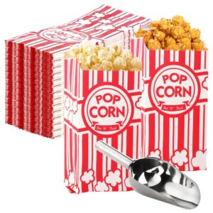 200pcs popcorn bags paper for movie night, classic red and white with stainless steel popcorn scoop popcorn machine, movie theater decor popcorn container, carnival circus party popcorn bowl