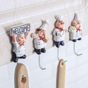 TA BEST Pack of 4 Resin French Chef Figurine Wall Hooks Decorative Cook Wall Mount Rack Hook Hanger(Assorted Style)