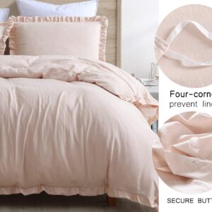 Chezmoi Collection Nora 3-Piece Ruffled Edge Trim Duvet Cover Set - Hypoallergenic Soft Washed Microfiber Comforter Cover with Button Closure and Corner Ties - King, Blush