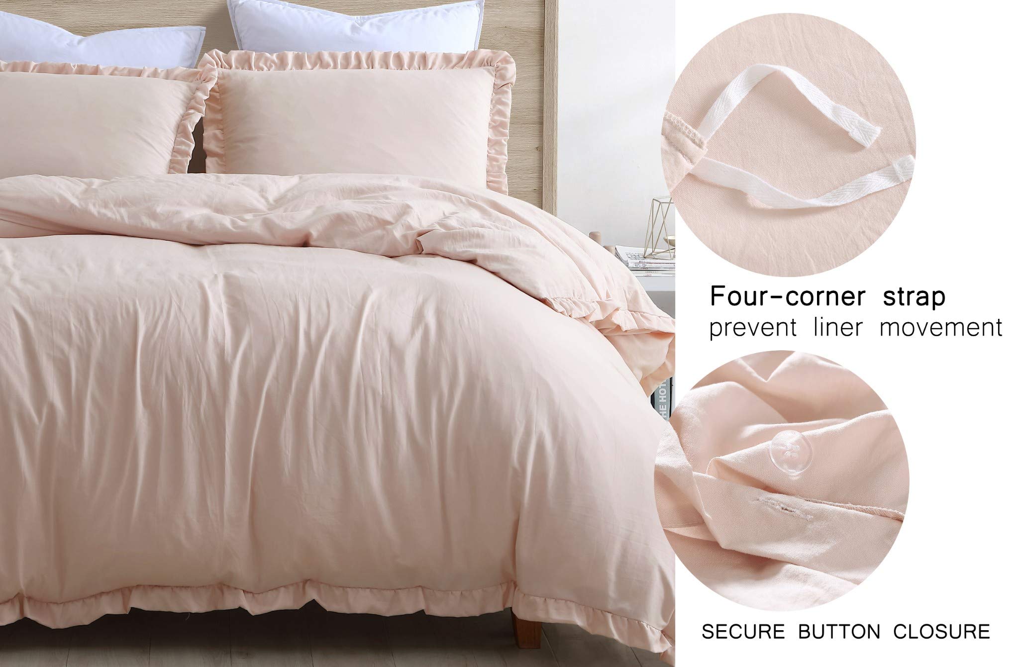 Chezmoi Collection Nora 3-Piece Ruffled Edge Trim Duvet Cover Set - Hypoallergenic Soft Washed Microfiber Comforter Cover with Button Closure and Corner Ties - King, Blush