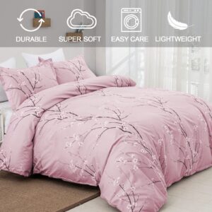 WONGS BEDDING Floral Duvet Cover Set King, Pink Flower Plum Pattern Comforter Cover Set with 2 Pillowcases 3 Pieces Botanical Bedding Set with Zipper Closure for Kids 90"x103"(Not Comforter)