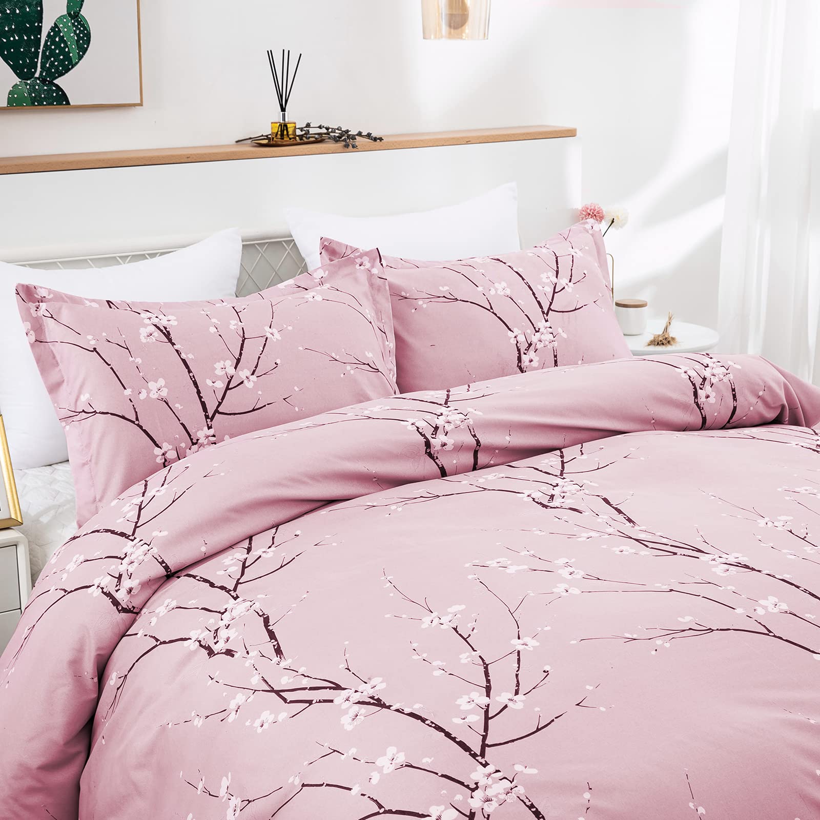 WONGS BEDDING Floral Duvet Cover Set King, Pink Flower Plum Pattern Comforter Cover Set with 2 Pillowcases 3 Pieces Botanical Bedding Set with Zipper Closure for Kids 90"x103"(Not Comforter)