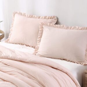 Chezmoi Collection Nora 3-Piece Ruffled Edge Trim Duvet Cover Set - Hypoallergenic Soft Washed Microfiber Comforter Cover with Button Closure and Corner Ties - King, Blush