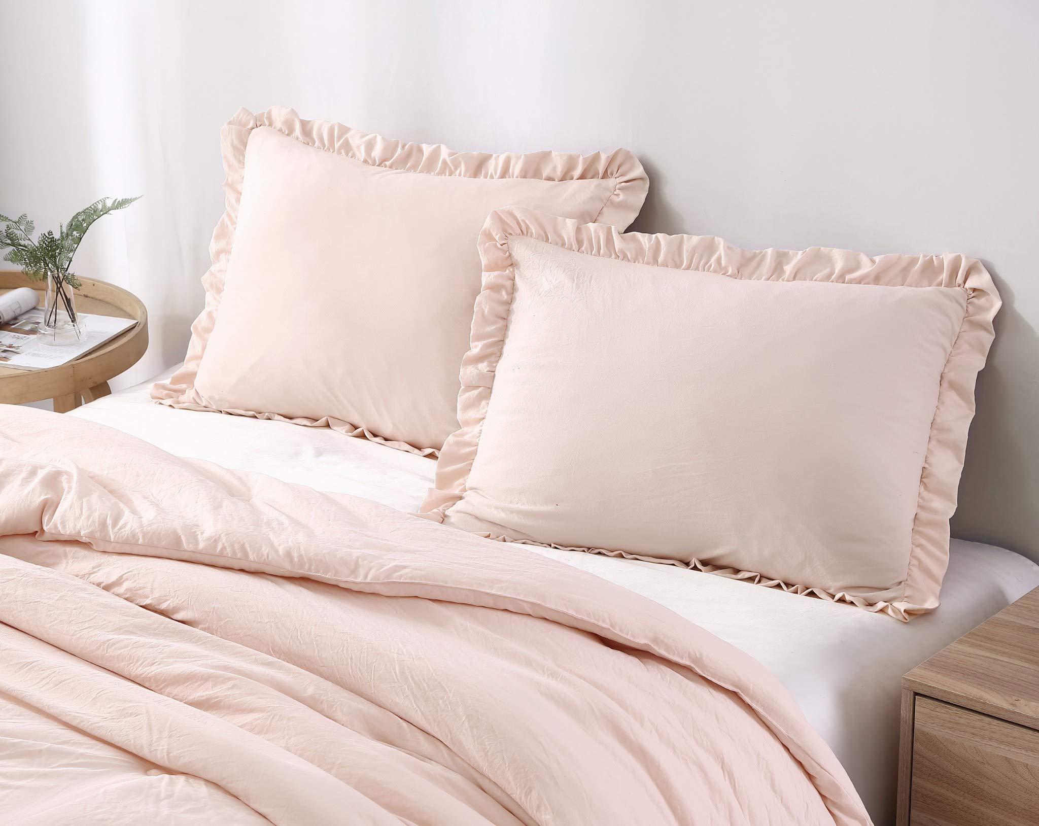 Chezmoi Collection Nora 3-Piece Ruffled Edge Trim Duvet Cover Set - Hypoallergenic Soft Washed Microfiber Comforter Cover with Button Closure and Corner Ties - King, Blush