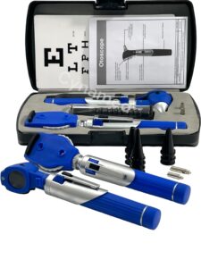 cynamed otoscope set - fiber optic double handle multi-function ear scope for ear & eye examination - includes hard case (blue)