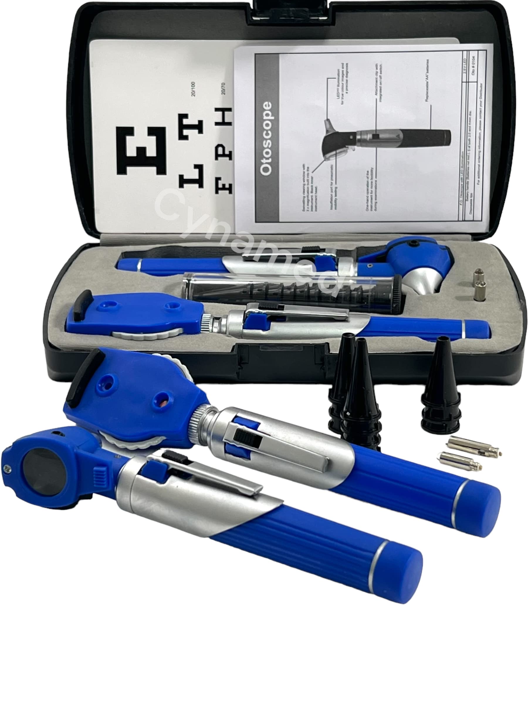 Cynamed Otoscope Set - Fiber Optic Double Handle Multi-Function Ear Scope for Ear & Eye Examination - Includes Hard Case (Blue)