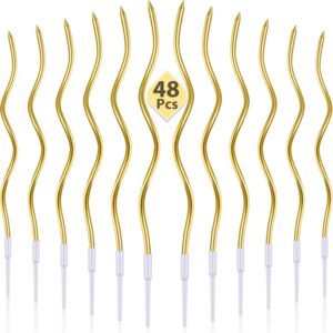 bbto 48 pieces twisty birthday candles spiral cake candles with holders metallic cake cupcake candles long thin curly coil cake candles for birthday, wedding party and cake decoration (metallic gold)