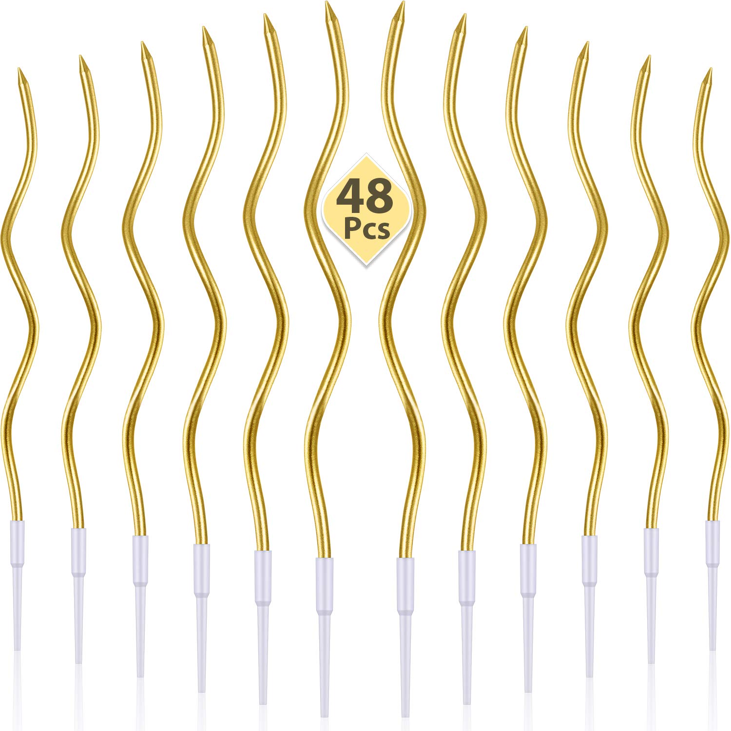 BBTO 48 Pieces Twisty Birthday Candles Spiral Cake Candles with Holders Metallic Cake Cupcake Candles Long Thin Curly Coil Cake Candles for Birthday, Wedding Party and Cake Decoration (Metallic Gold)