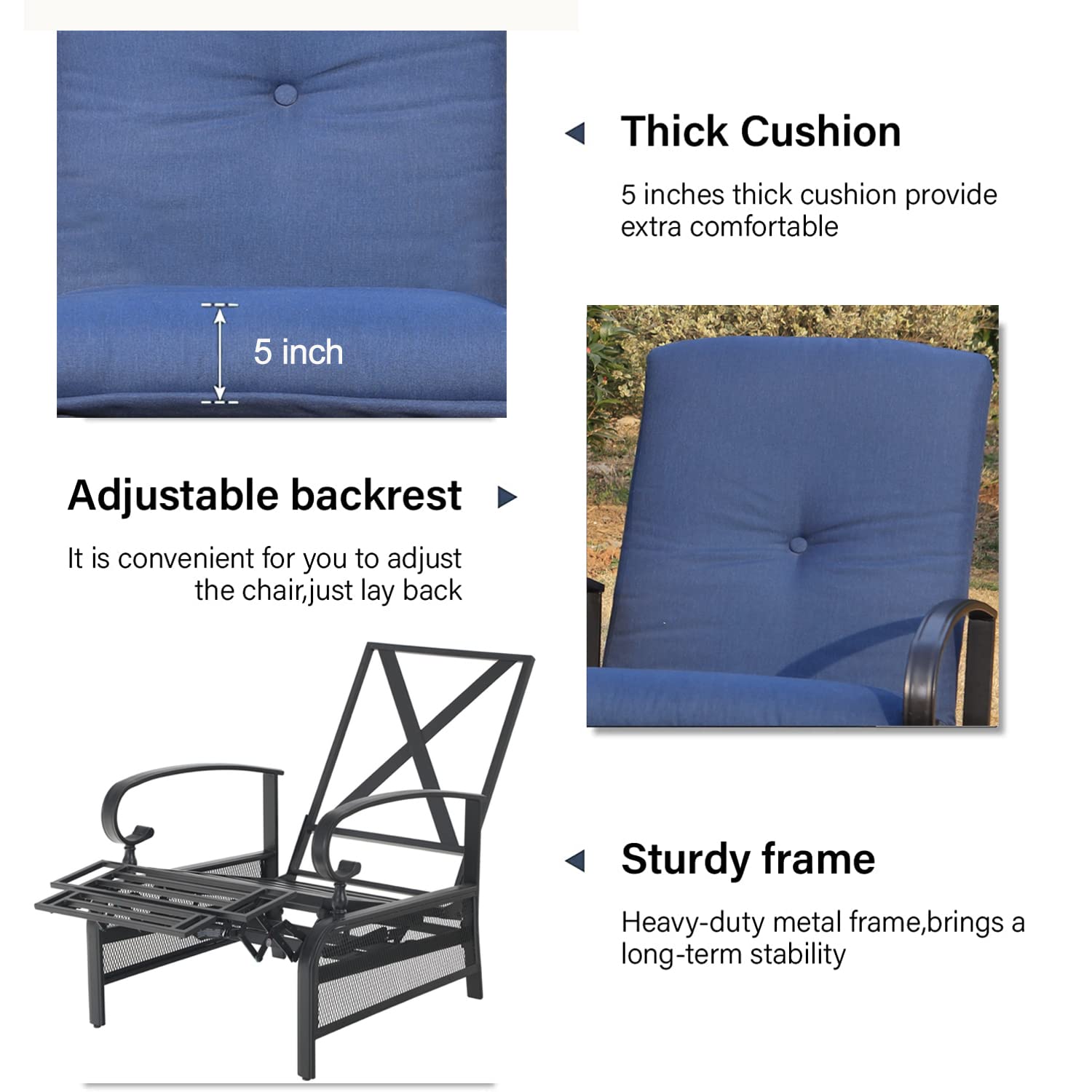 MFSTUDIO Patio Adjustable Recliner Chair, Outdoor Metal Reclining Lounge Chair with 100% Olefin Removable Cushion, Outdoor Adjustable Lounge Chair for Porch, Lawn, (Navy Blue)