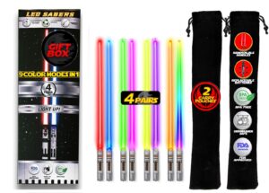 lightsaber chopsticks light up star wars led glowing light saber chop sticks reusable sushi lightup sabers-removable handle dishwasher safe-premium gift box & carry case included-8 color modes-4 pairs