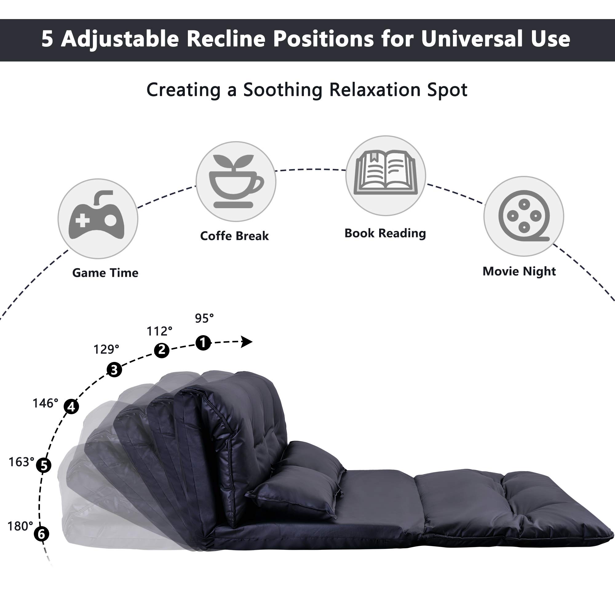 Floor Sofa, Merax Foldable Lazy Sofa Sleeper Bed with 2 Pillows, Adjustable Lounge Sofa Gaming Sofa Floor Couches 5-Position for Bedroom, Living Room, and Balcony, Black