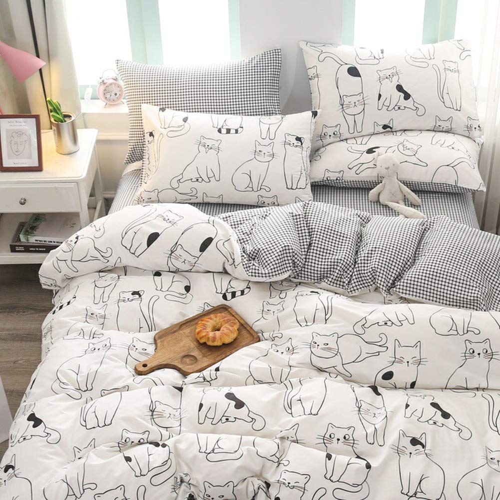 BlueBlue Cats Kids Duvet Cover Set Full Queen, 100% Cotton Bedding for Boys Girls Teens, Cartoon Cats Pattern Print on White, 1 Full Comforter Cover 2 Pillow Shams (Queen, Cute Cat)