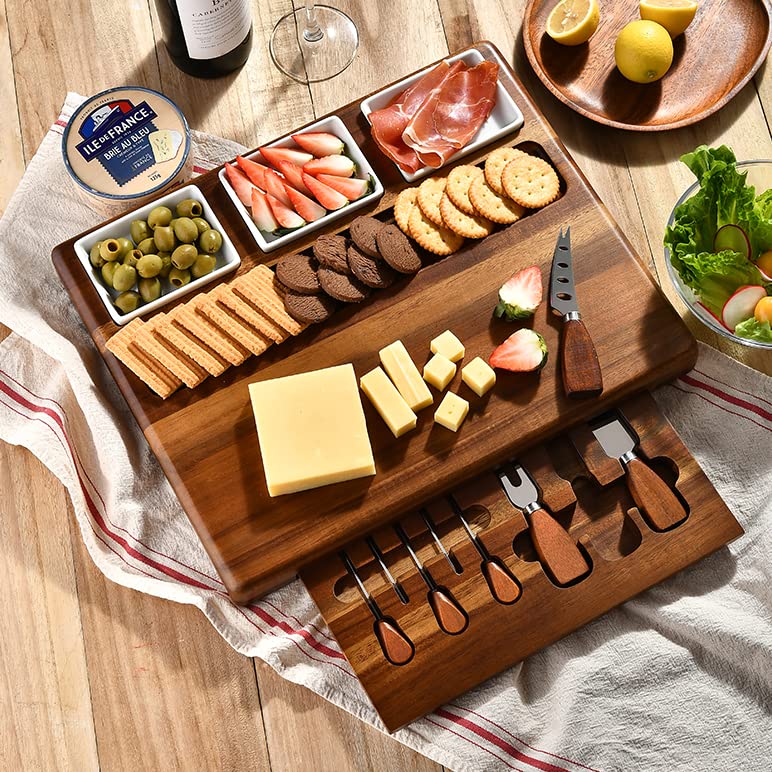 Shanik Upgraded Acacia Wood Charcuterie Board Set with 3 Removable Ceramic Bowls and Serving Utensils - Ideal for Hosting Elegant Parties and Entertaining Guest (Without Engraving)