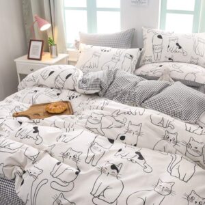 BlueBlue Cats Kids Duvet Cover Set Full Queen, 100% Cotton Bedding for Boys Girls Teens, Cartoon Cats Pattern Print on White, 1 Full Comforter Cover 2 Pillow Shams (Queen, Cute Cat)