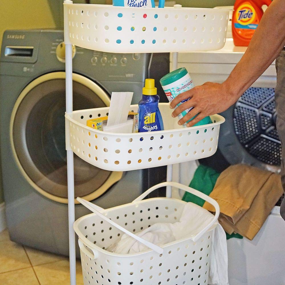 3 Tier Rolling Laundry Basket W Shelves Storage Organizer for Clothes Detergent Great for Bathroom Kitchen Laundry Room White