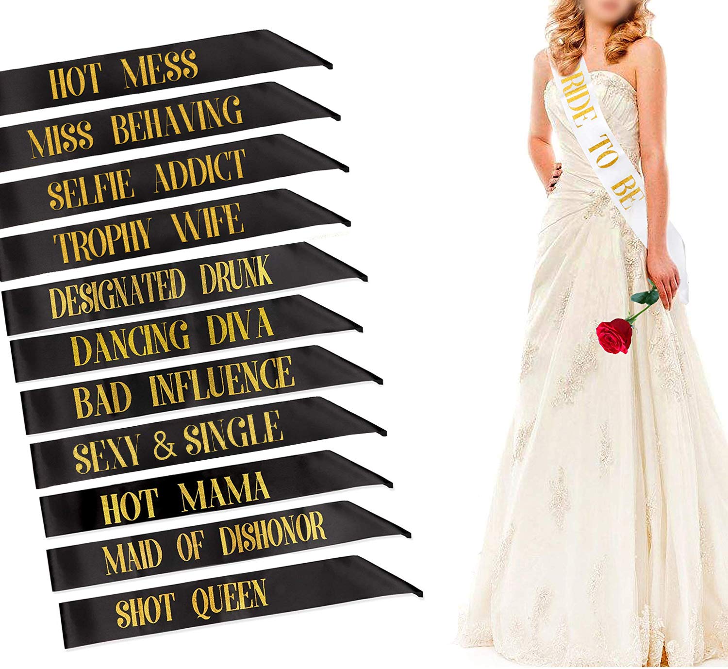 PHOGARY Bachelorette Sashes for Bridal Party (12 pack) - 11 Black Team Bride Sashes with 1 White Bride to Be Sash