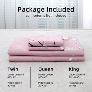 WONGS BEDDING Floral Duvet Cover Set King, Pink Flower Plum Pattern Comforter Cover Set with 2 Pillowcases 3 Pieces Botanical Bedding Set with Zipper Closure for Kids 90"x103"(Not Comforter)