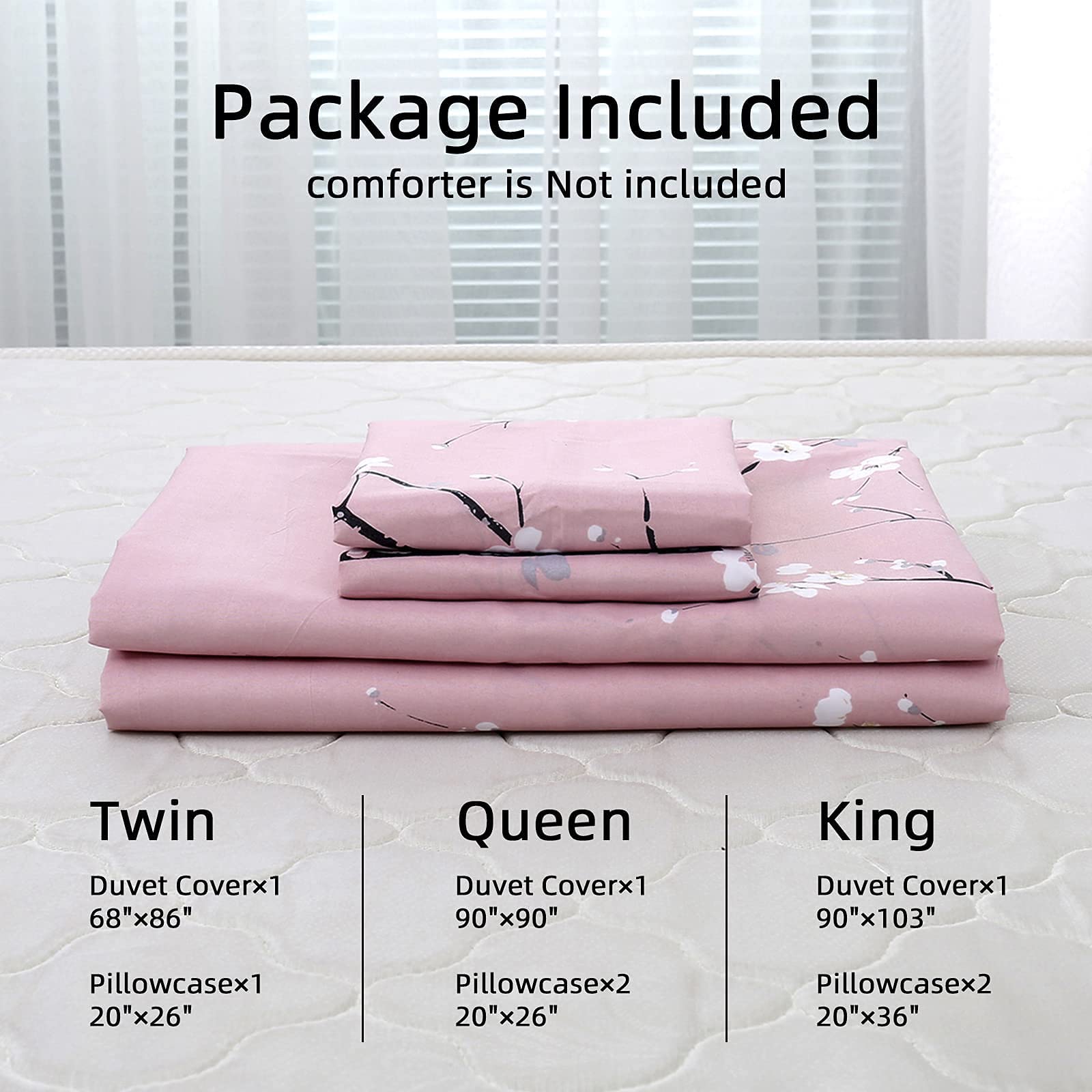 WONGS BEDDING Floral Duvet Cover Set King, Pink Flower Plum Pattern Comforter Cover Set with 2 Pillowcases 3 Pieces Botanical Bedding Set with Zipper Closure for Kids 90"x103"(Not Comforter)