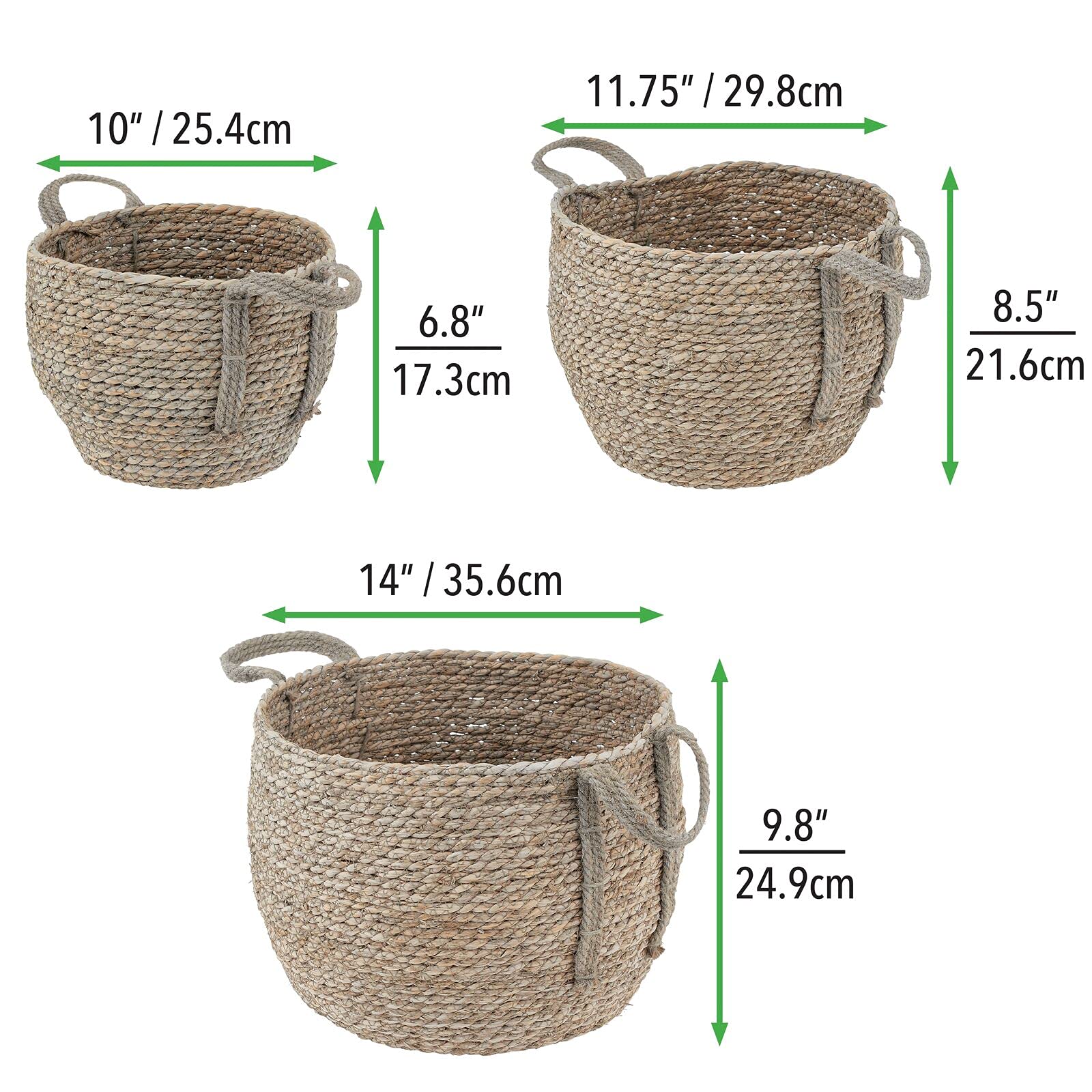 mDesign Round Braided Seagrass Woven Storage Basket with Jute Handles - Rope Weave Circle-Shaped Basket Bin for Shoe Storage in Entryway, Organizing Playroom Toys, and Laundry - Set of 3 - Gray Wash