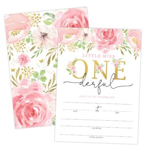 your main event prints little miss onederful first birthday invitations with flowers and butterflies - 20 invitations - envelopes not included