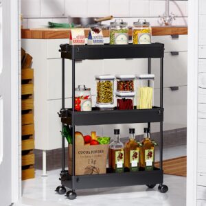 SPACEKEEPER Slim Rolling Storage Cart, 3 Tier Bathroom Storage Organizer Laundry Room Utility Cart Mobile Shelving Unit, Multi-Purpose for Kitchen Office Bathroom Laundry Narrow Places, Black