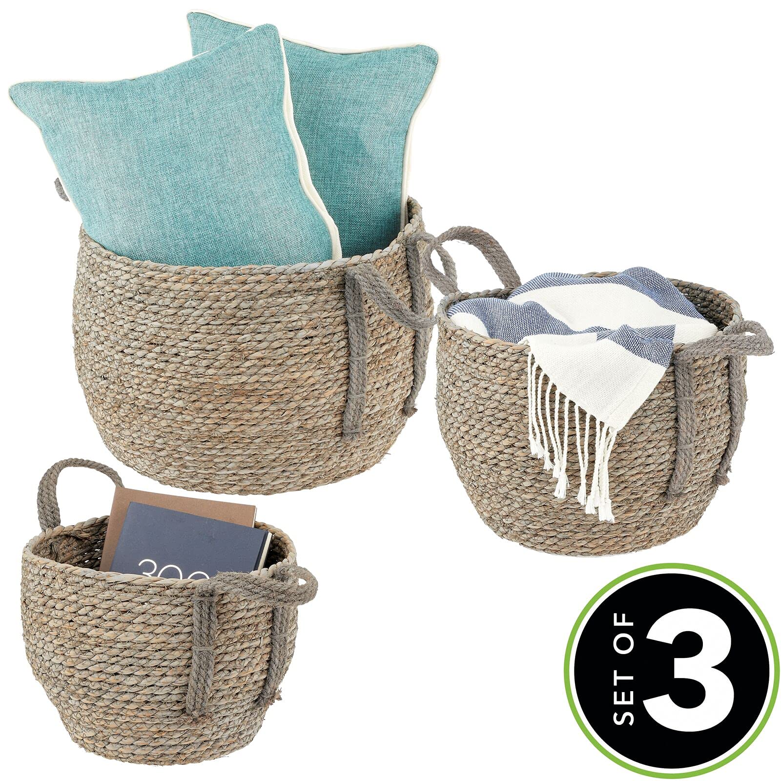 mDesign Round Braided Seagrass Woven Storage Basket with Jute Handles - Rope Weave Circle-Shaped Basket Bin for Shoe Storage in Entryway, Organizing Playroom Toys, and Laundry - Set of 3 - Gray Wash