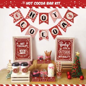 hot cocoa bar kit hot cocoa banner hot chocolate bar sign toppings tent cards cup tags stickers for wintertime holiday christmas party baby it's cold outside decorations (red and white style)