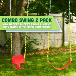 Combo - Deluxe High Back Full Bucket Swing (Triangle and Chain Dip) and Heavy-Duty Swing Seat with Carabiners - Red - Squirrel Products