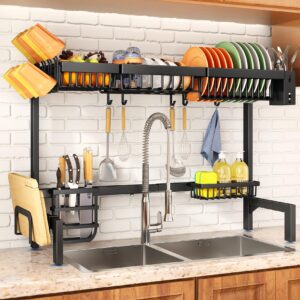 over the sink dish drying rack, adjustable (33.8" to 41.5") large dish drainer drying rack for kitchen counter with multiple baskets utensil sponge holder sink caddy, 2 tier black