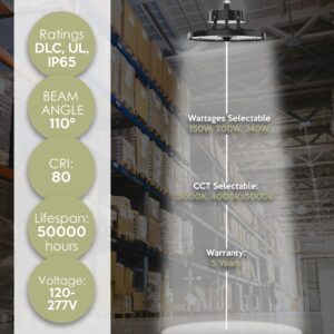 WareLight Aries G3 UFO LED High Bay Light, 240W Wattage Selectable,33600 Lumens, CCT Selectable, 120-277V, Black Finish