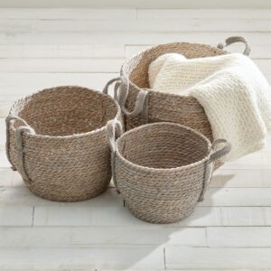 mDesign Round Braided Seagrass Woven Storage Basket with Jute Handles - Rope Weave Circle-Shaped Basket Bin for Shoe Storage in Entryway, Organizing Playroom Toys, and Laundry - Set of 3 - Gray Wash