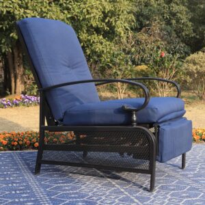 MFSTUDIO Patio Adjustable Recliner Chair, Outdoor Metal Reclining Lounge Chair with 100% Olefin Removable Cushion, Outdoor Adjustable Lounge Chair for Porch, Lawn, (Navy Blue)