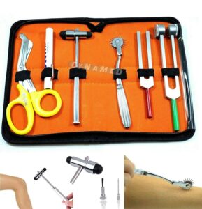 6 piece student diagnostic kit - reflex hammer and tuning fork set c 128 and c 512. includes wartenberg pinwheel, penlight and bandage scissors 7.5”