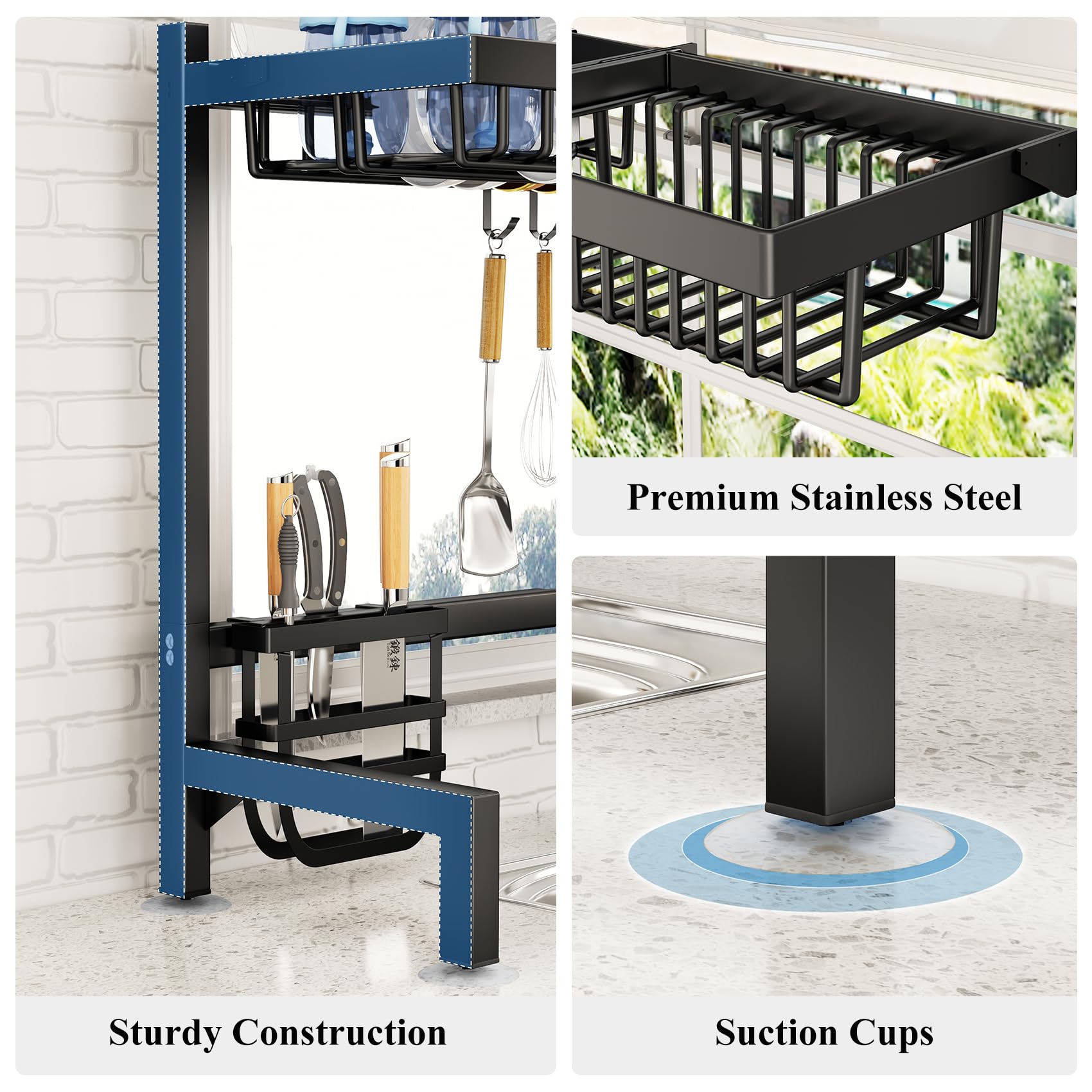 Over The Sink Dish Drying Rack, Adjustable (33.8" to 41.5") Large Dish Drainer Drying Rack for Kitchen Counter with Multiple Baskets Utensil Sponge Holder Sink Caddy, 2 Tier Black