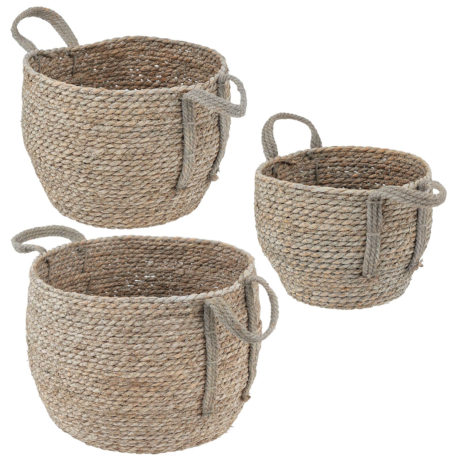 mDesign Round Braided Seagrass Woven Storage Basket with Jute Handles - Rope Weave Circle-Shaped Basket Bin for Shoe Storage in Entryway, Organizing Playroom Toys, and Laundry - Set of 3 - Gray Wash