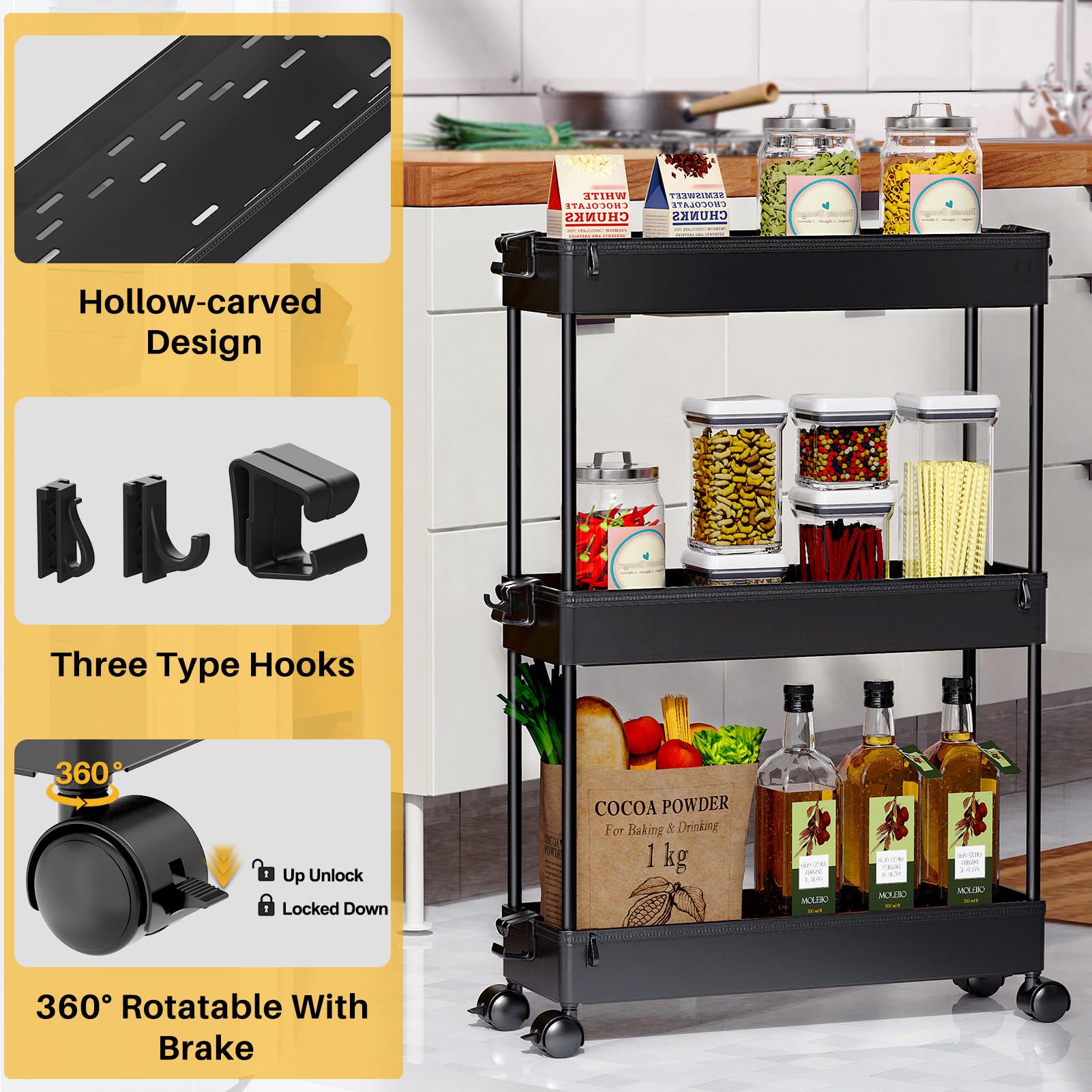 SPACEKEEPER Slim Rolling Storage Cart, 3 Tier Bathroom Storage Organizer Laundry Room Utility Cart Mobile Shelving Unit, Multi-Purpose for Kitchen Office Bathroom Laundry Narrow Places, Black