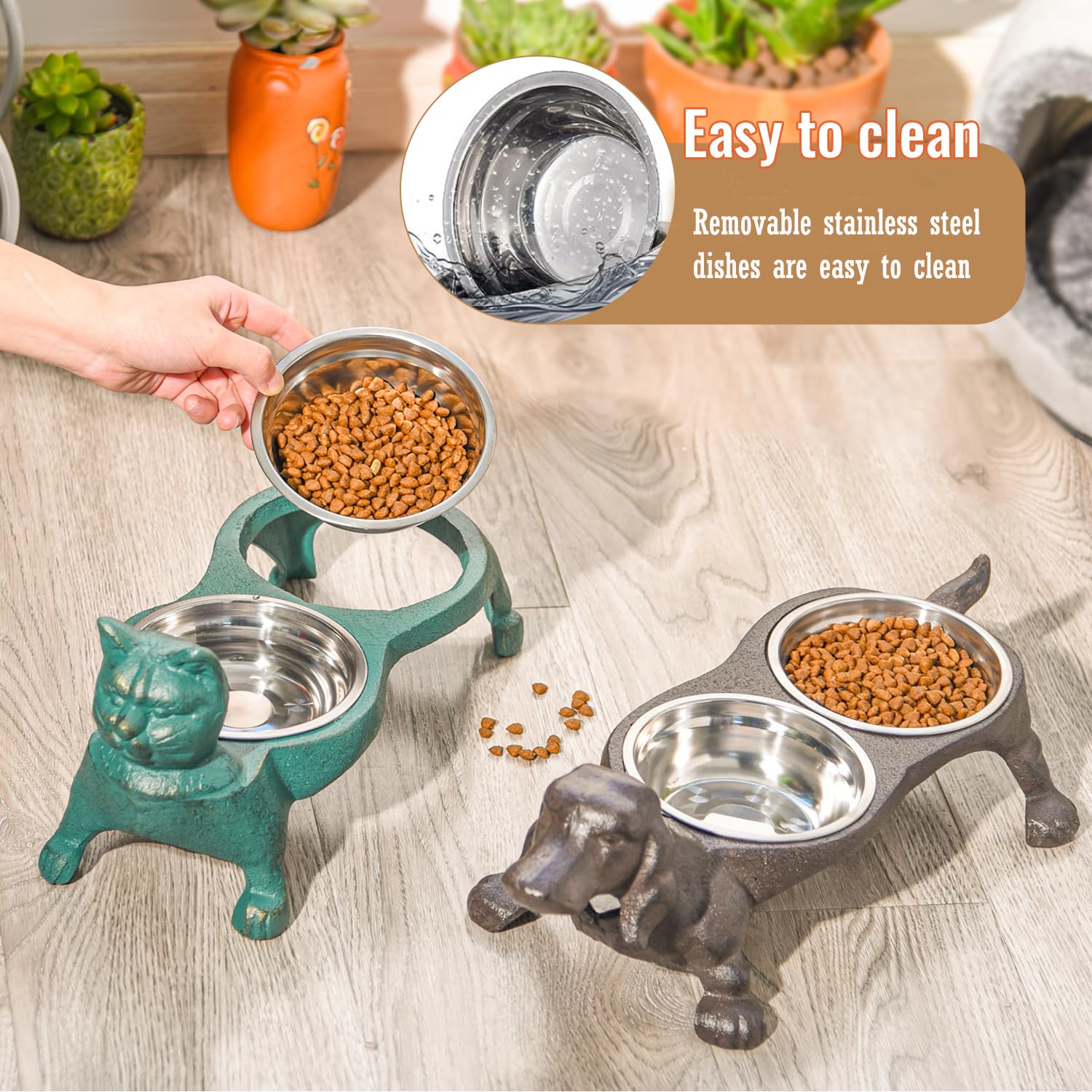 Sungmor Raised Bowls for Cats - Heavy Duty Non Slip Cast Iron Stands & 2 Stainless Steel Food Dish & Water Bowls - Great Pet Cats Feeder - Feeding & Watering Station Pet Supplies - 15.2x6.7x5.9 Inch