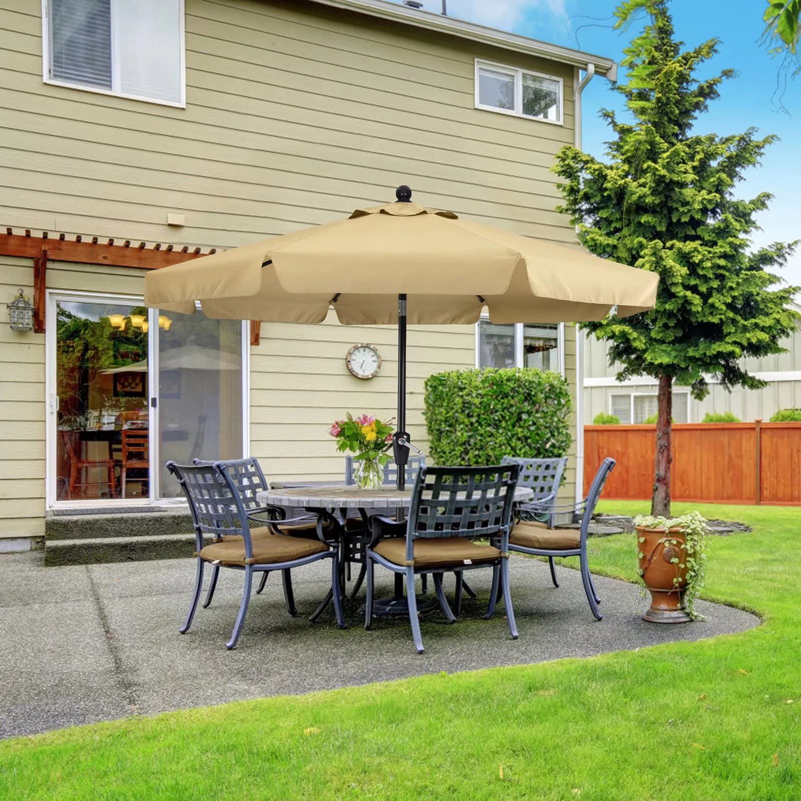 ABCCANOPY Patio Umbrella 9ft - Outdoor Table Umbrella with Push Button Tilt and Crank, 8 Ribs Umbrella for Patio Pool Garden Deck (Khaki)