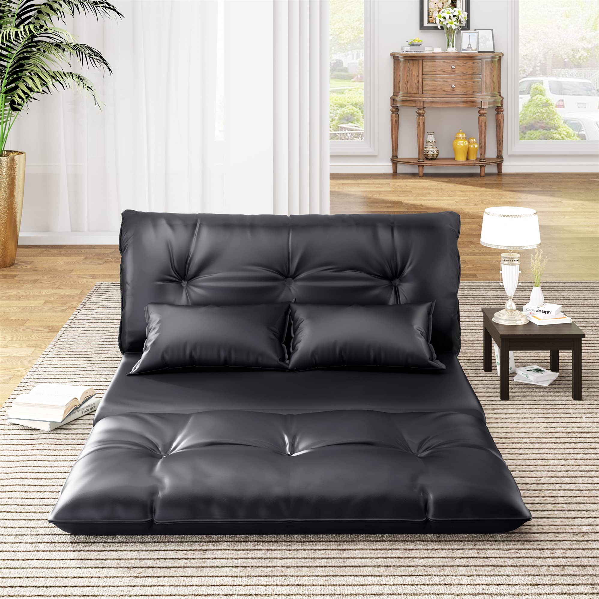 Floor Sofa, Merax Foldable Lazy Sofa Sleeper Bed with 2 Pillows, Adjustable Lounge Sofa Gaming Sofa Floor Couches 5-Position for Bedroom, Living Room, and Balcony, Black