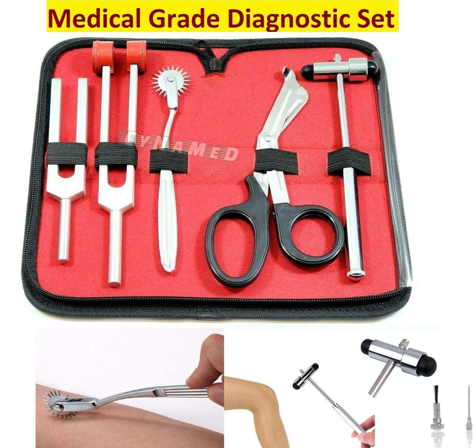 Premium Student Diagnostic Kit- Reflex Hammer & Tuning Fork Set C 128 And C 512 + Wartenberg Pinwheel Premium Steel Bandage Scissor 7.5” (Set Of 5 Buck Reflex Hammer Black Scissor)