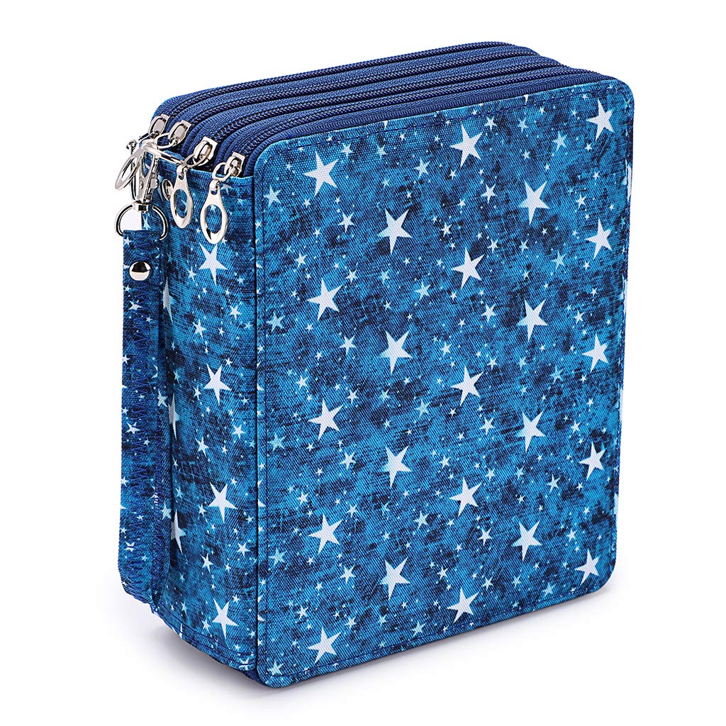 BTSKY Colored Pencil Case- 160 Slots Pencil Holder Pen Bag Large Capacity Pencil Organizer with Handle Strap Handy Colored Pencil Box with Printing Pattern Blue Star