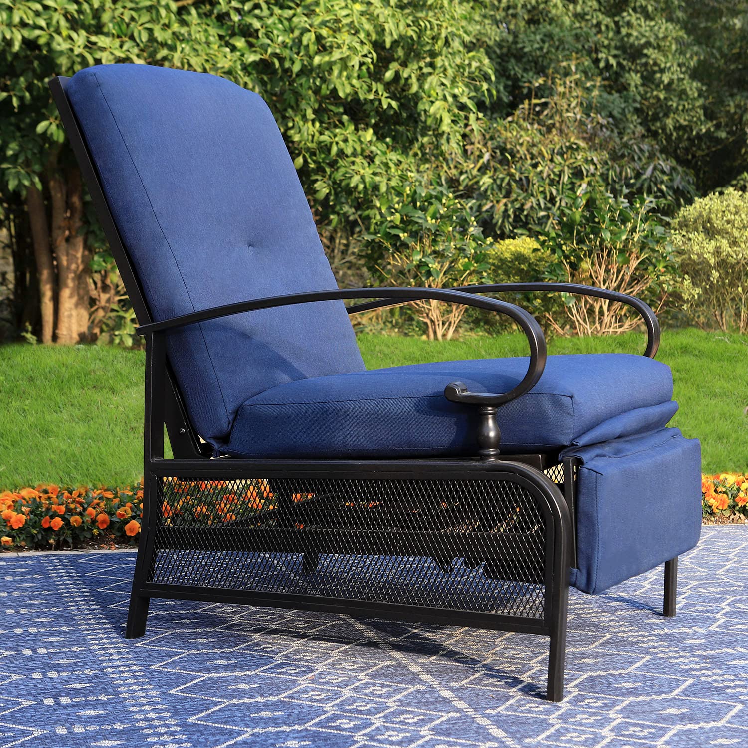 MFSTUDIO Patio Adjustable Recliner Chair, Outdoor Metal Reclining Lounge Chair with 100% Olefin Removable Cushion, Outdoor Adjustable Lounge Chair for Porch, Lawn, (Navy Blue)