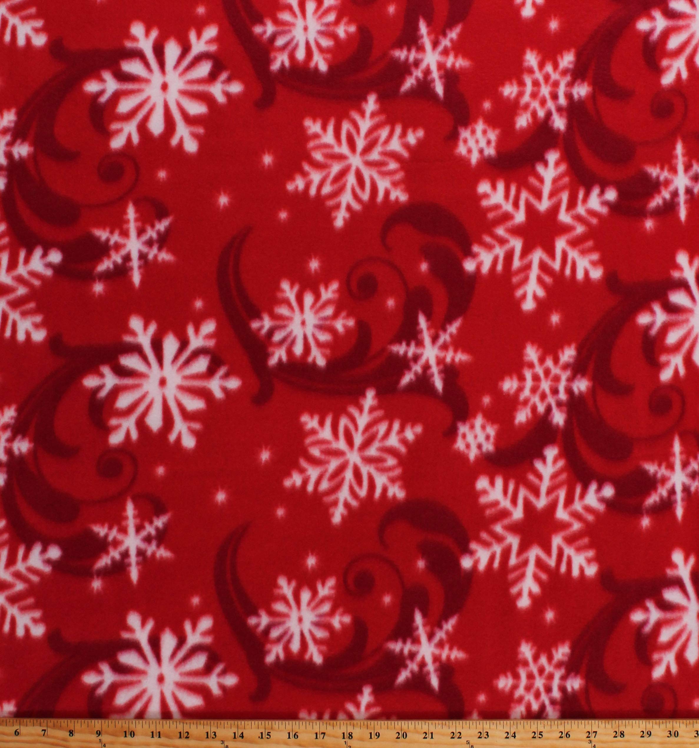 Fleece Snowflakes Snow Swirls on Red Winter Christmas Holiday Fleece Fabric Print by The Yard (A340.12)