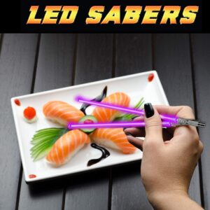 Lightsaber Chopsticks Light Up - LED Glowing Light Saber Chop Sticks - Reusable Sushi Lightup Sabers Chopstick Set Of 2 Pairs - Purple & Red