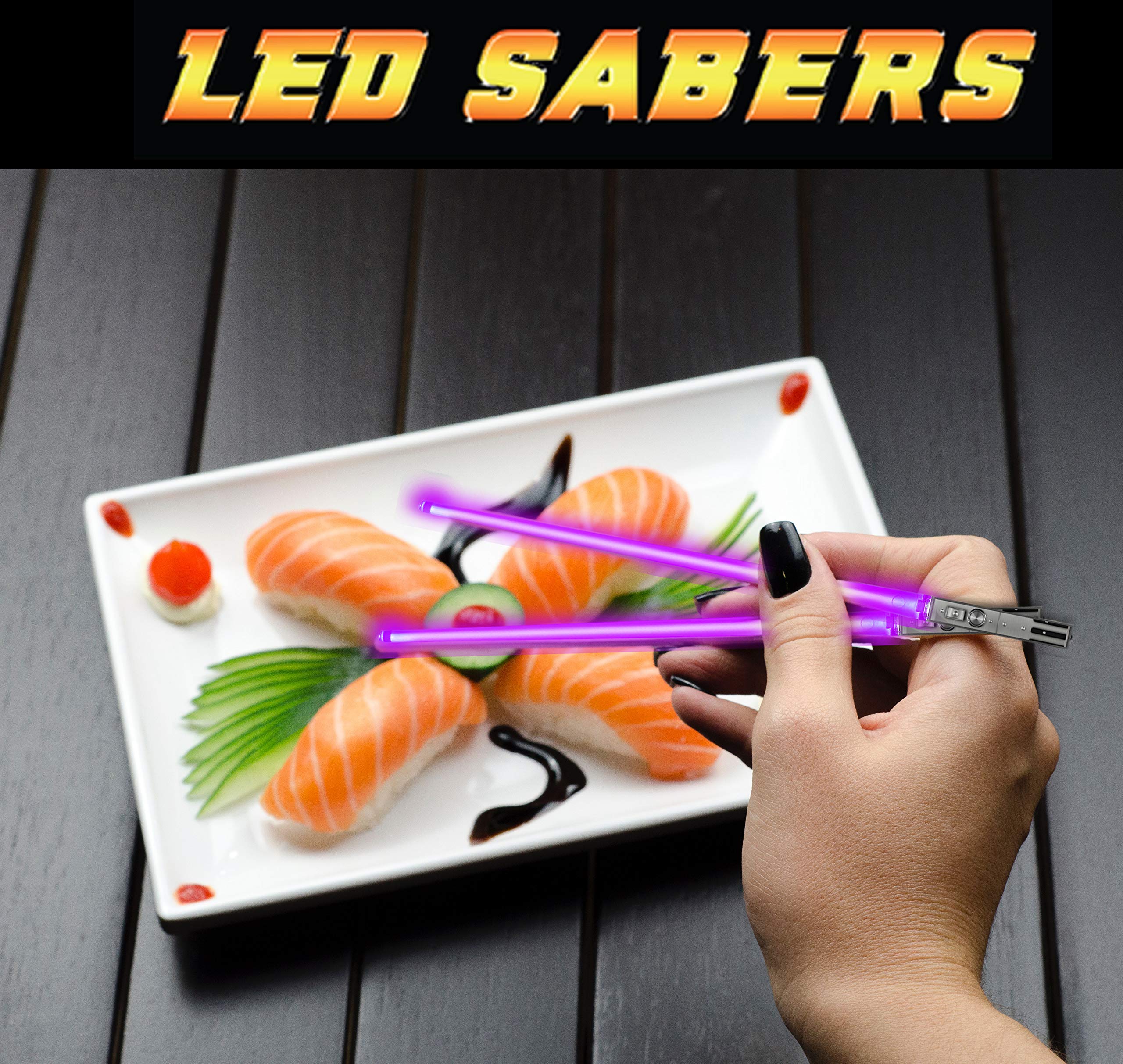 Lightsaber Chopsticks Light Up - LED Glowing Light Saber Chop Sticks - Reusable Sushi Lightup Sabers Chopstick Set Of 2 Pairs - Purple & Red