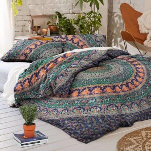 rubellite dark blue indian elephant mandala duvet cover king size boho bedding set bedspread cotton blanket throw and two pillowcase (king)