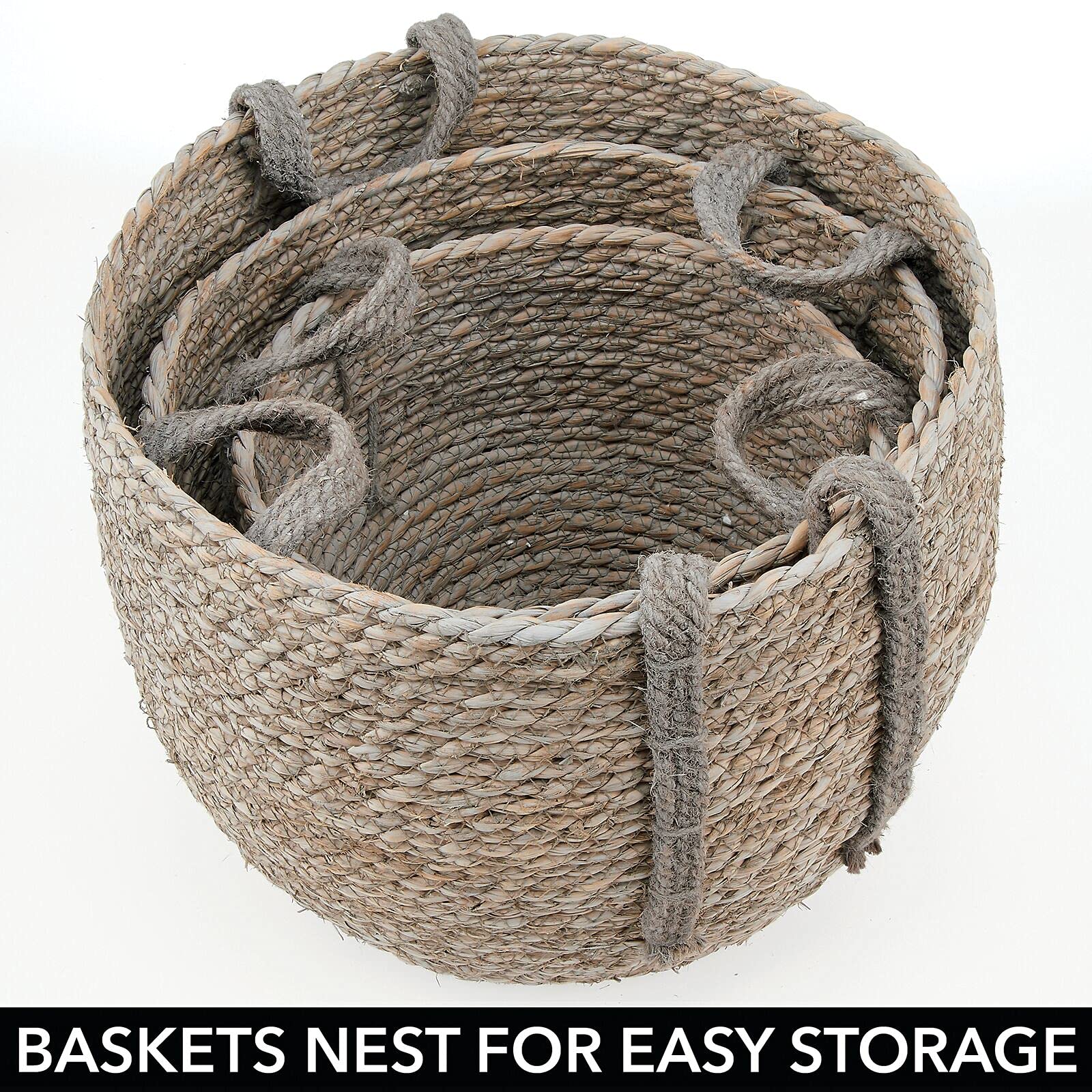 mDesign Round Braided Seagrass Woven Storage Basket with Jute Handles - Rope Weave Circle-Shaped Basket Bin for Shoe Storage in Entryway, Organizing Playroom Toys, and Laundry - Set of 3 - Gray Wash