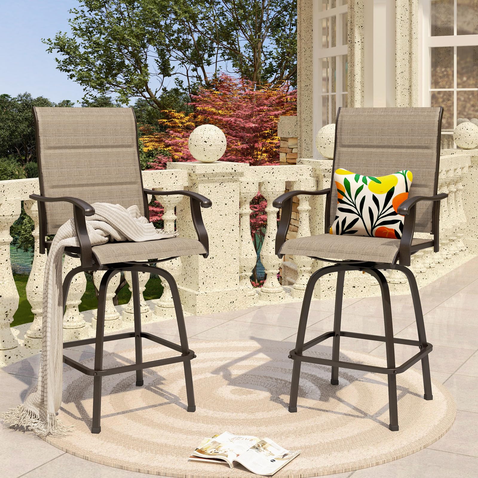 PHI VILLA Outdoor Swivel Bar Stools Set of 2, High Top Patio Chairs with Padded Textilene Seating, All-Weather Bar Height Furniture for Kitchen or Outside, Padded Brown Textilene