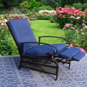 mfstudio patio adjustable recliner chair, outdoor metal reclining lounge chair with 100% olefin removable cushion, outdoor adjustable lounge chair for porch, lawn, (navy blue)