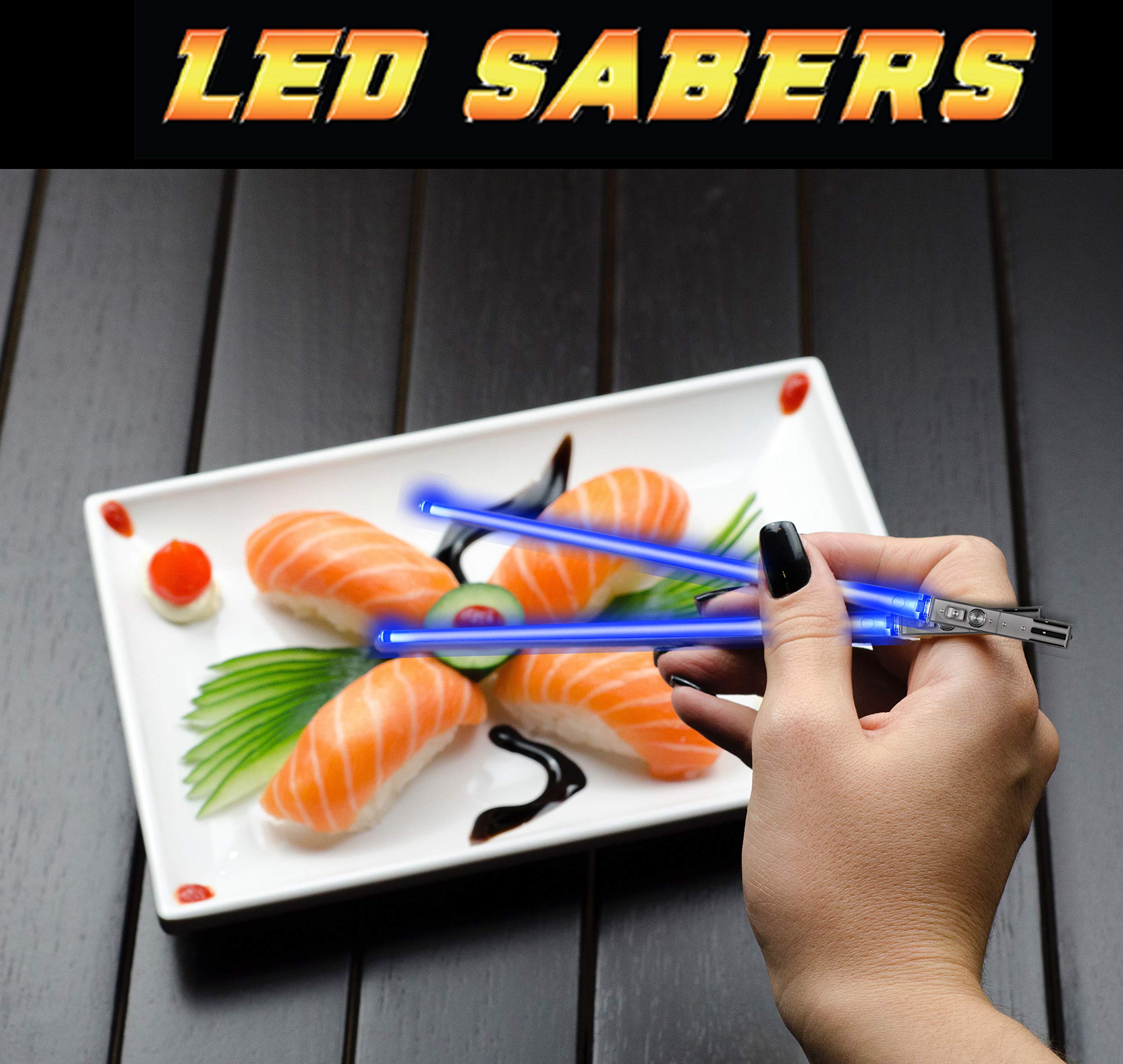 LIGHTSABER CHOPSTICKS LIGHT UP STAR WARS LED Glowing Light Saber Chop Sticks REUSABLE Sushi Lightup Sabers - Removable Handle Dishwasher Safe - Premium GIFT BOX & CARRY CASE Included - BLUE 1 PAIR